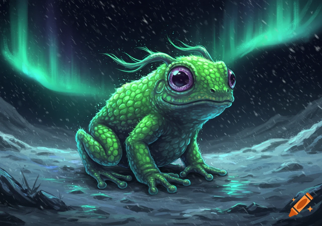 A cute, green, bumpy-skinned alien frog-like creature with large purple ...