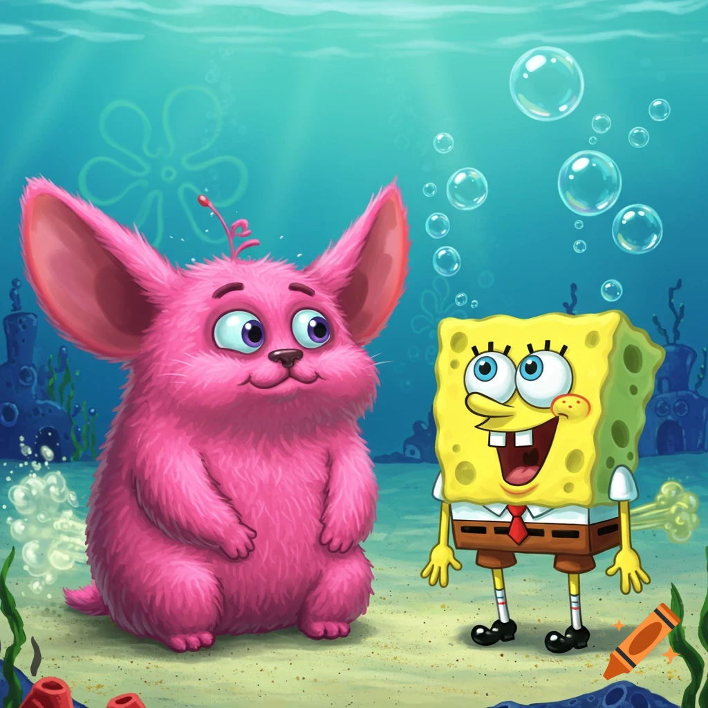 A pink furry Labubu-like creature standing next to a smiling Spongebob ...