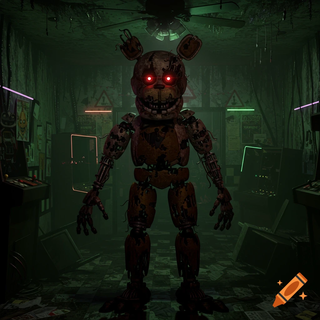Four animatronic bear characters stand in a dark, foggy, dilapidated ...