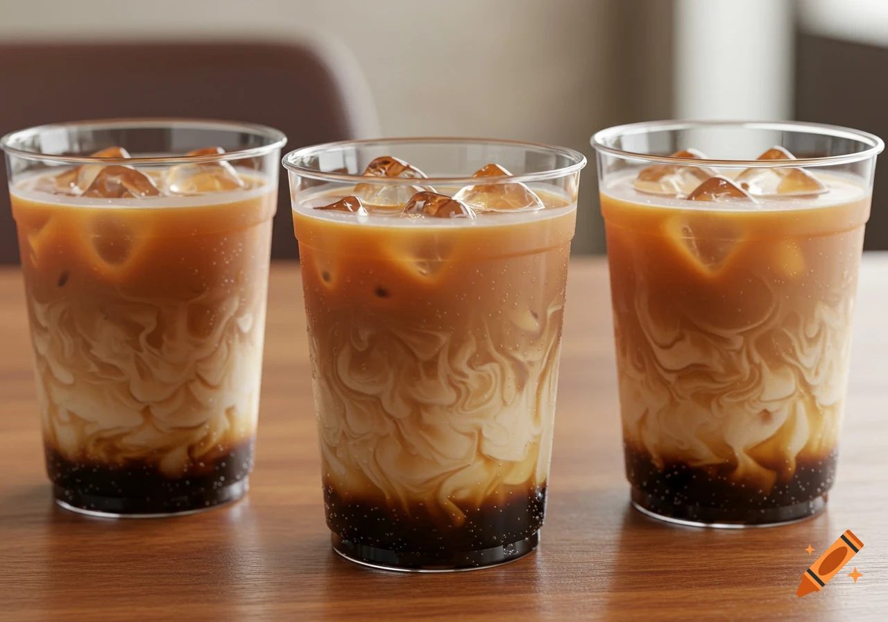 Three photorealistic iced coffee or dirty soda drinks with cream and ...