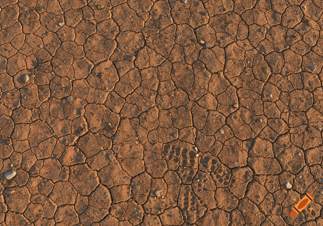 Close-up of cracked dry reddish-brown earth with small stones and a faint footprint. on Craiyon