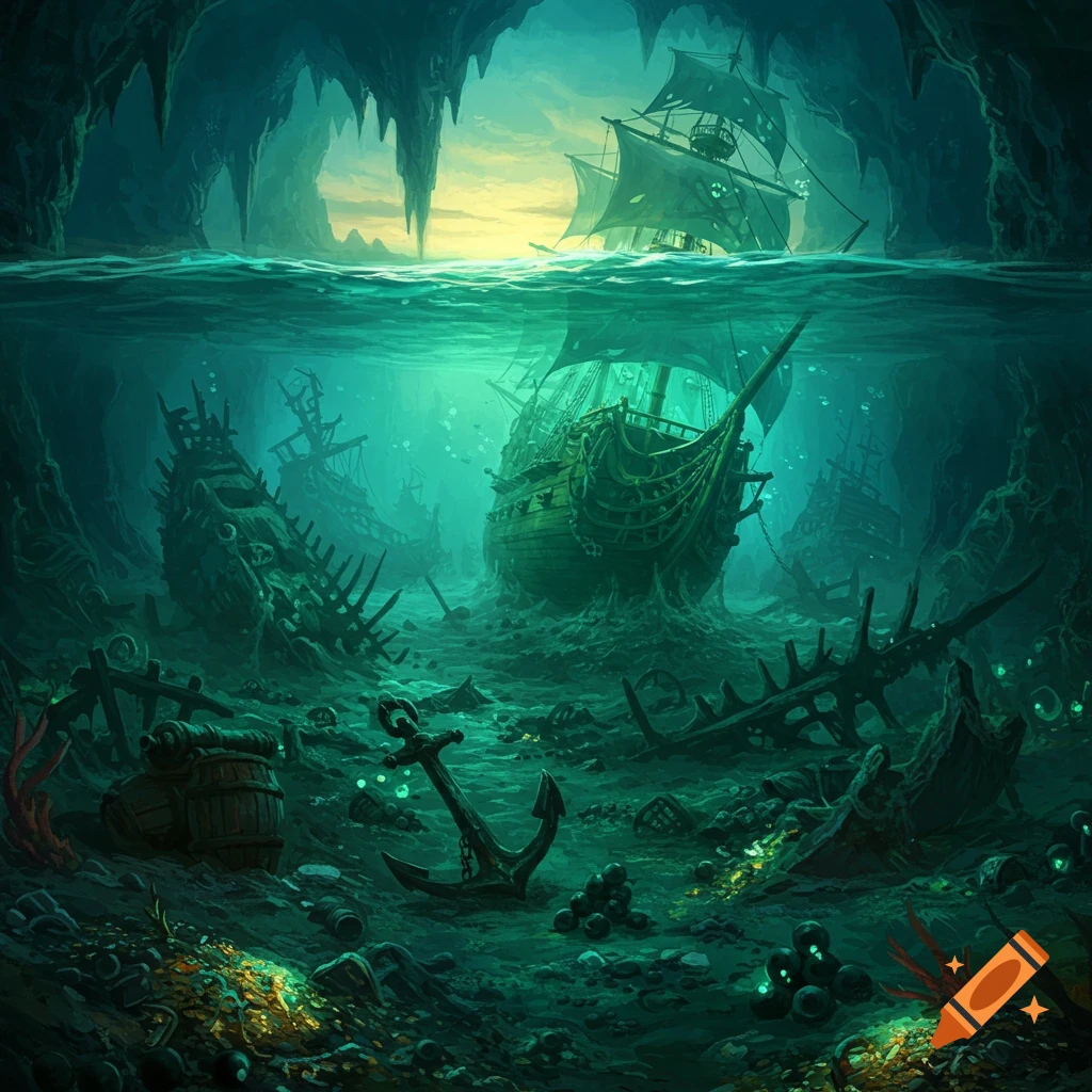 Detailed fantasy illustration of a pirate ship sailing above a hidden ...