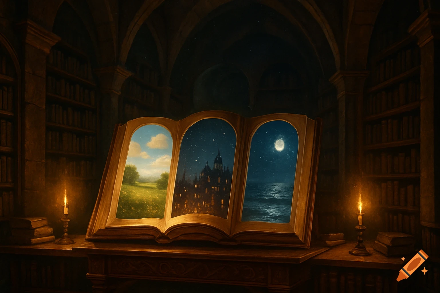 A large, open book on a dimly lit library desk reveals three ...