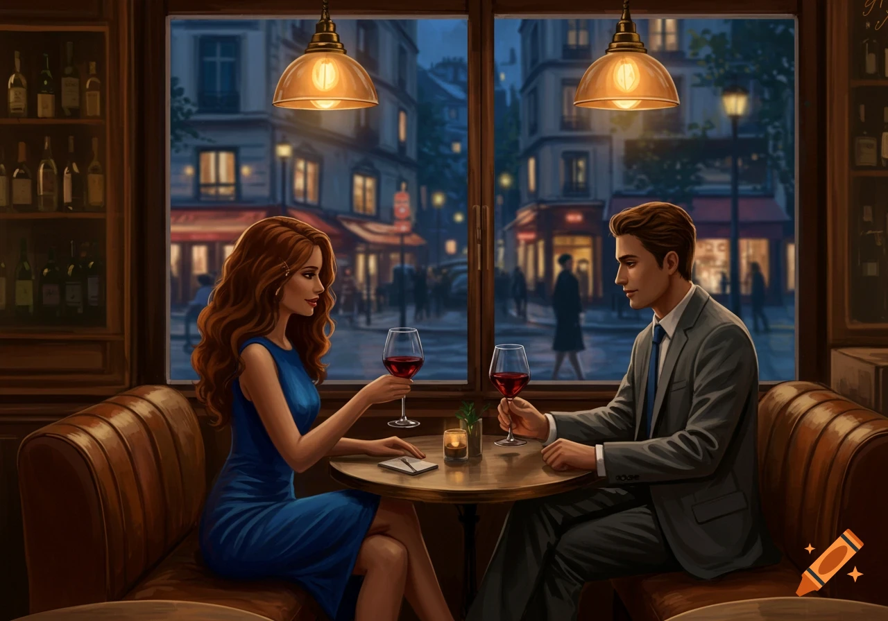 Illustration of a woman with flushed cheeks, holding a drink at a bar ...