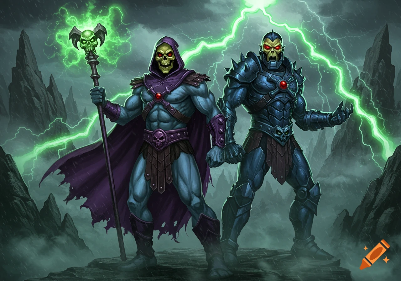 Two muscular, skull-faced fantasy villains, one with a glowing staff ...