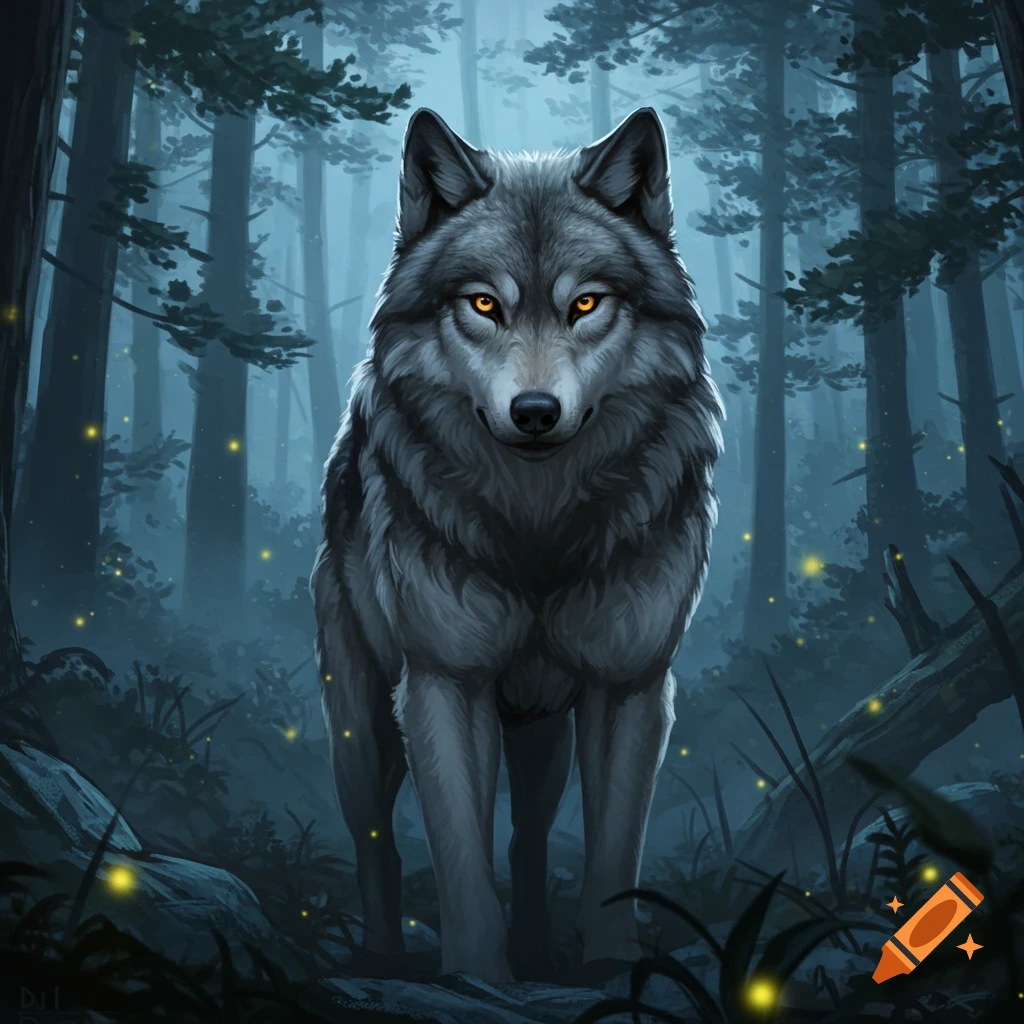 Detailed stylized illustration of a majestic gray wolf with orange eyes ...