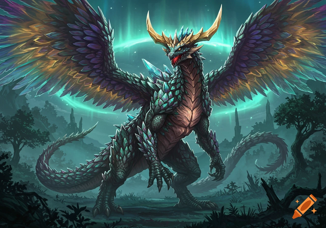 A vibrant, winged fantasy dragon with iridescent scales and golden ...