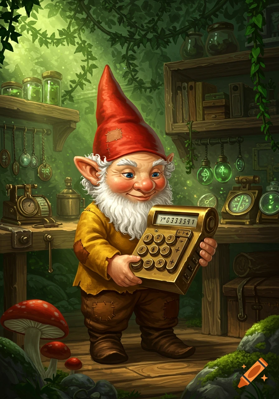 A smiling cartoon gnome with a red pointy hat walks through a sun ...