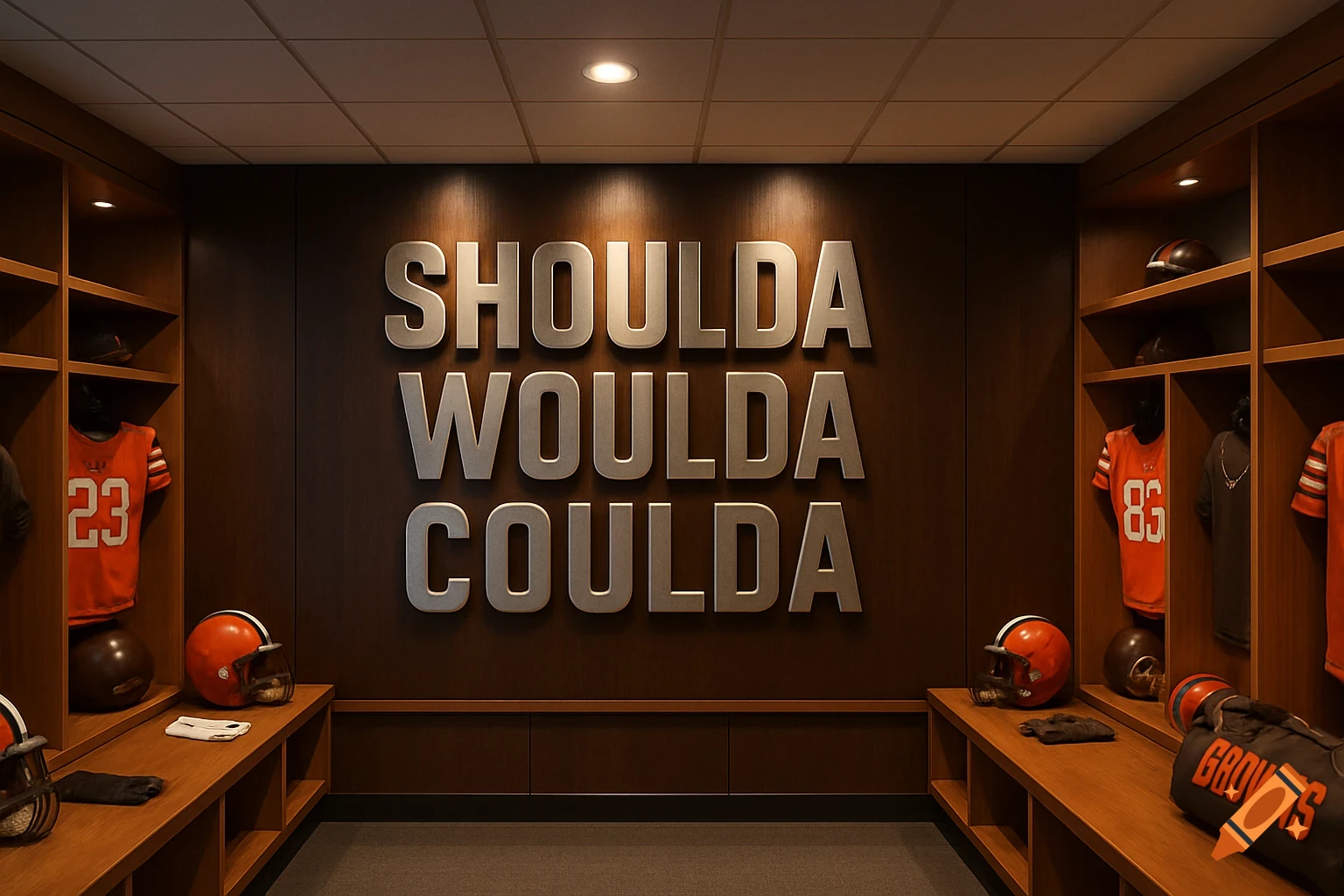 An orange neon sign spelling out the word 'Looters' on a textured black ...