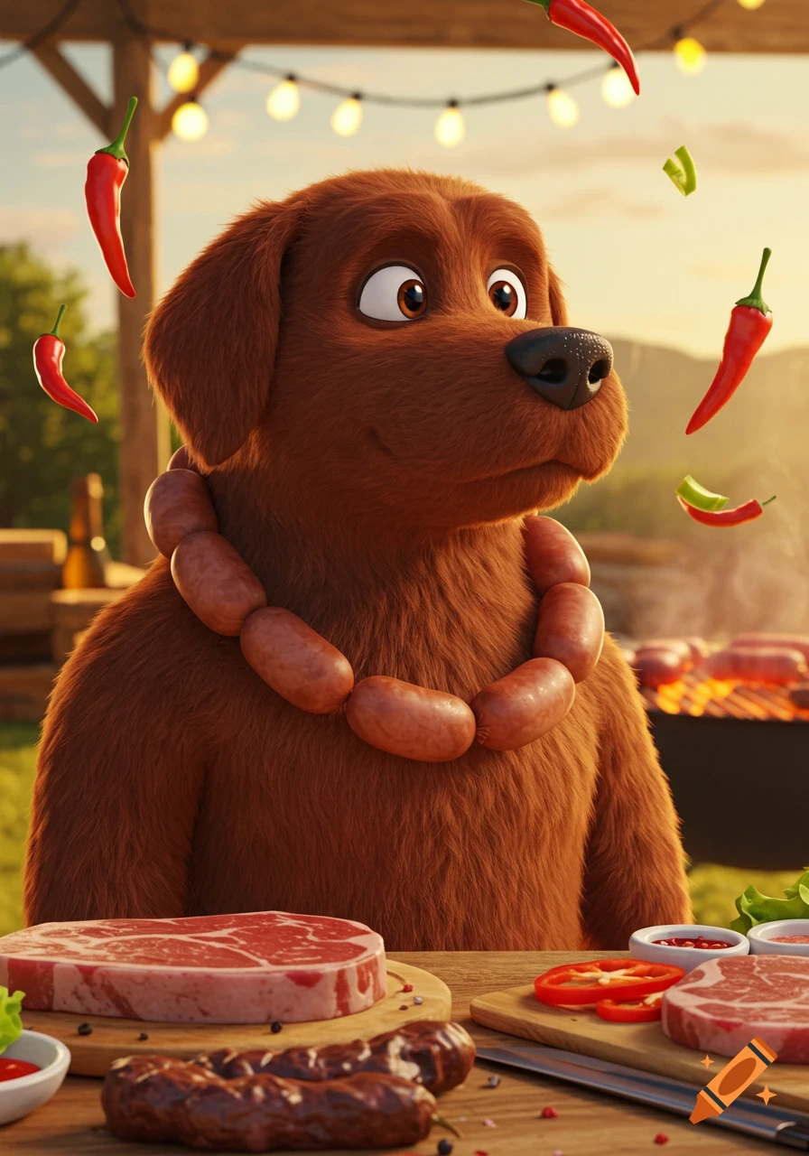 A cartoon brown dog wearing a sausage necklace sits at a table with raw ...