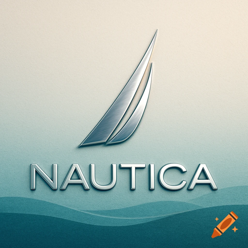 Nautica logo with a metallic sailboat symbol and wavy blue water on a ...
