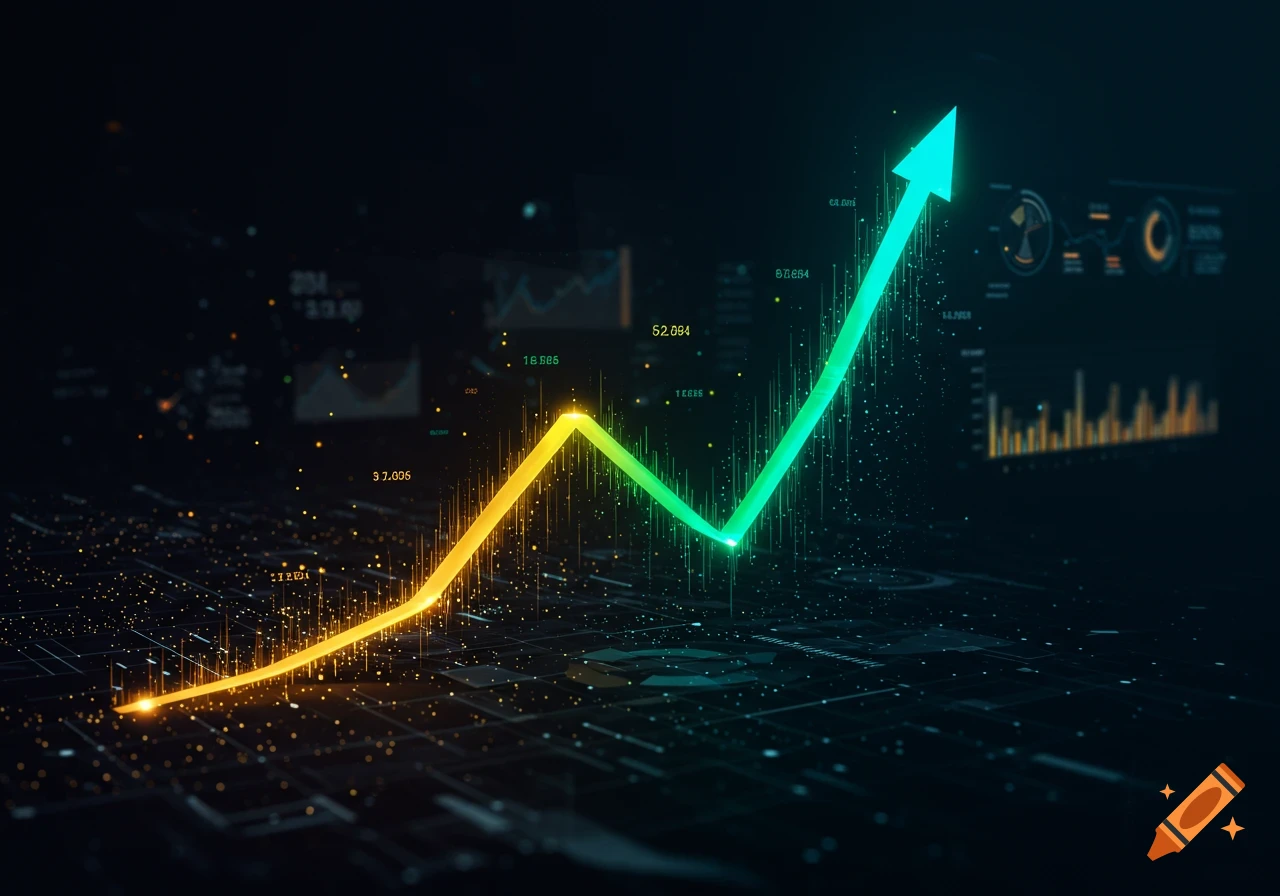 Glowing yellow-to-green upward trend line on a dark, futuristic digital ...