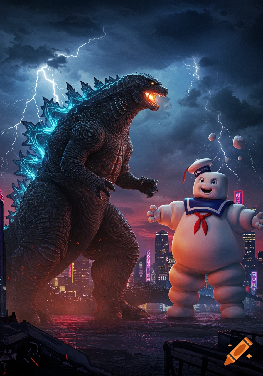 Godzilla with glowing blue spines and an open, roaring mouth faces the ...