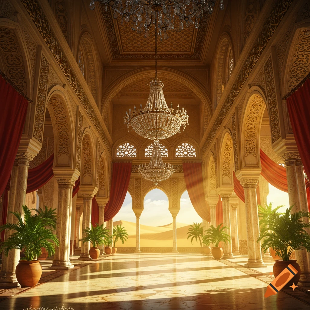 Grand, ornate palace interior with crystal chandeliers, red drapes ...