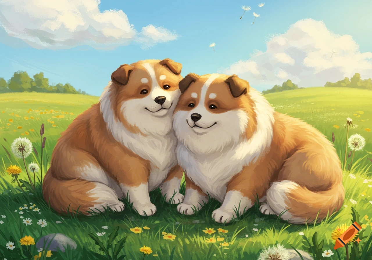 Two fluffy brown and white dogs sit closely in a sunny green field with ...