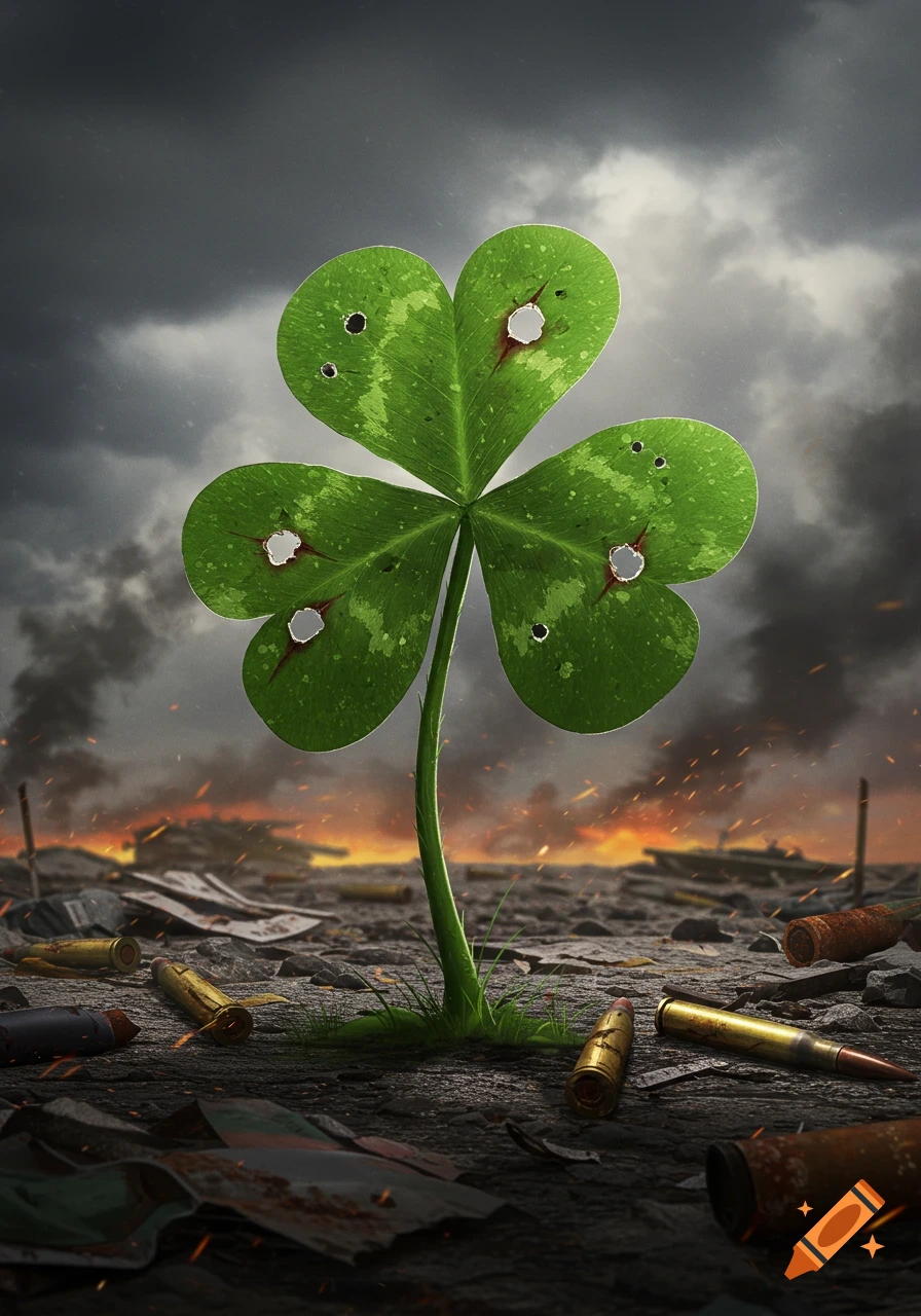 A green three-leaf clover with bullet holes stands in a desolate, war ...