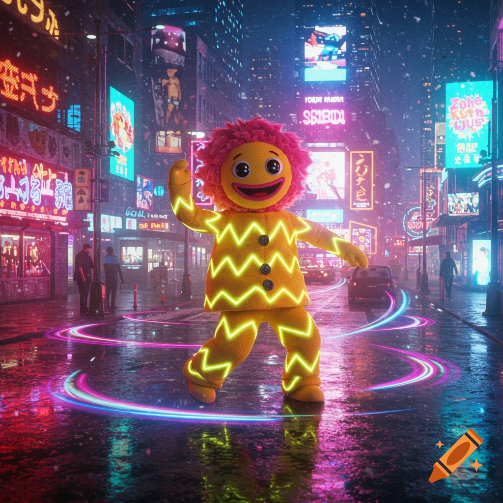 A cheerful yellow fuzzy character with a pink mane dances on a wet ...