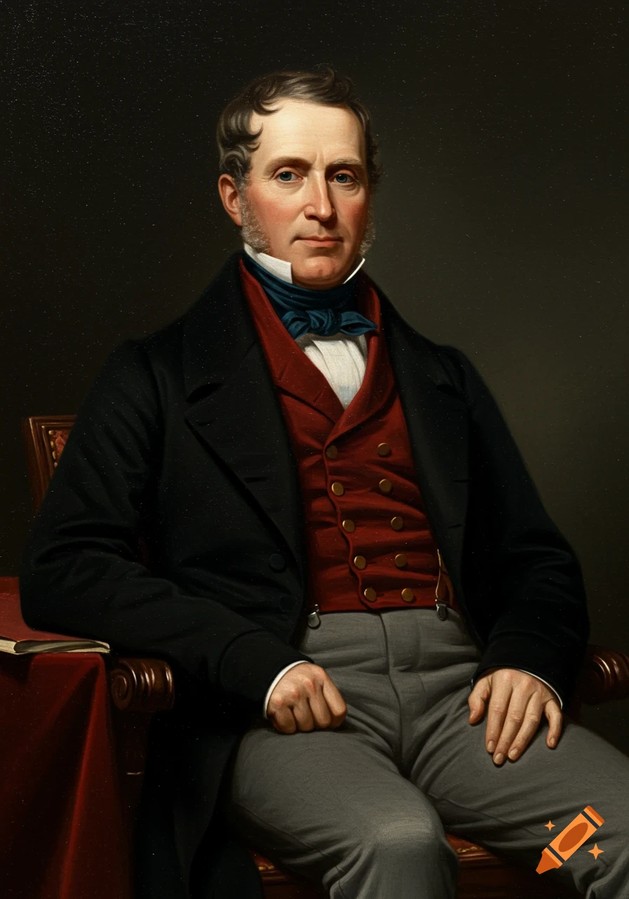 Classical oil painting of a seated man with a composed expression ...