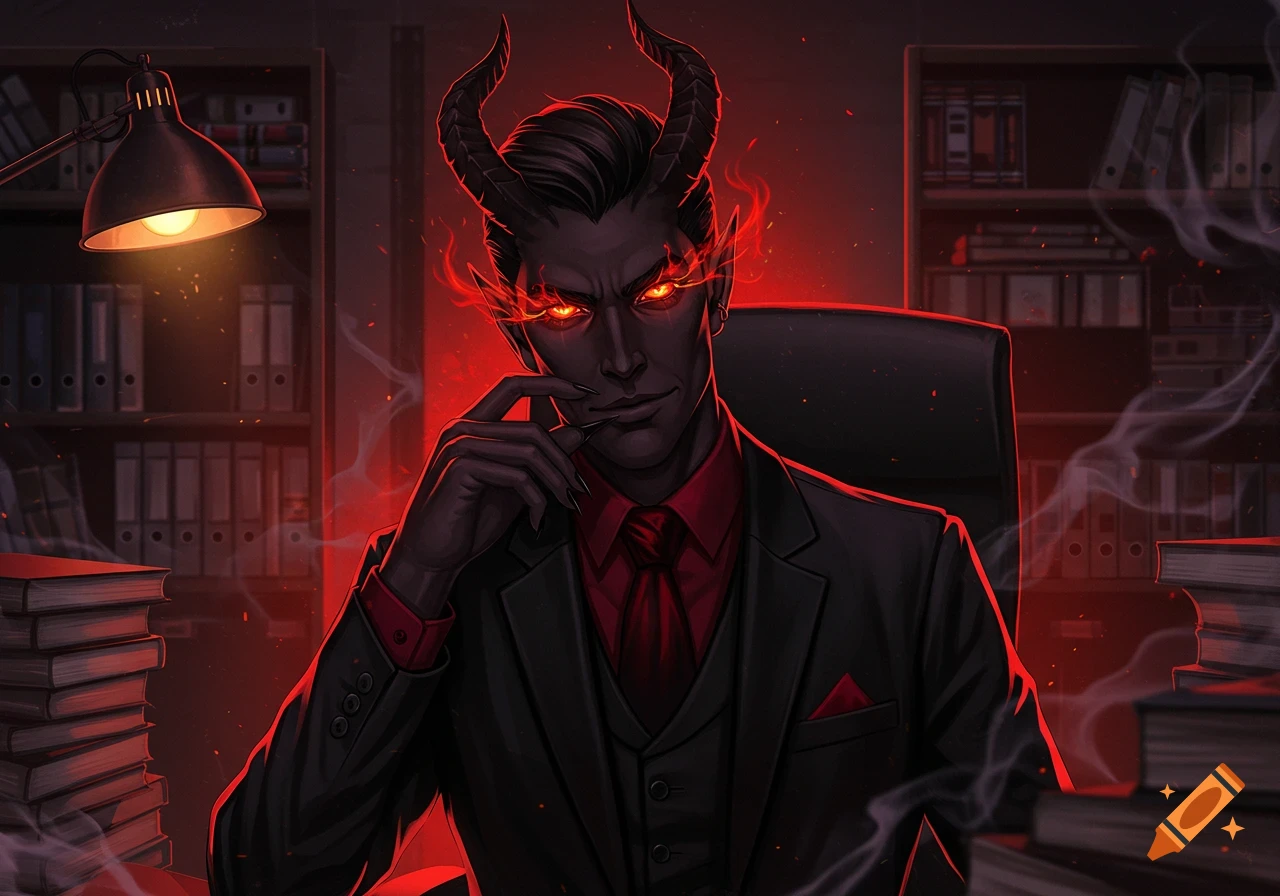 A stylized illustration of a demonic man with horns, glowing red eyes ...