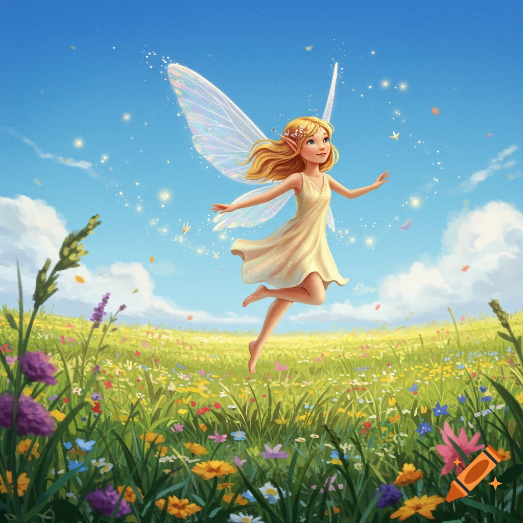 A cheerful blonde fairy with green eyes and a flower petal dress dances ...