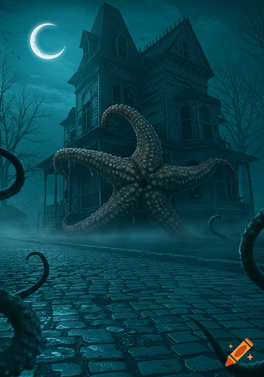 A giant starfish creature crawls on a dark, spooky old house on a foggy ...