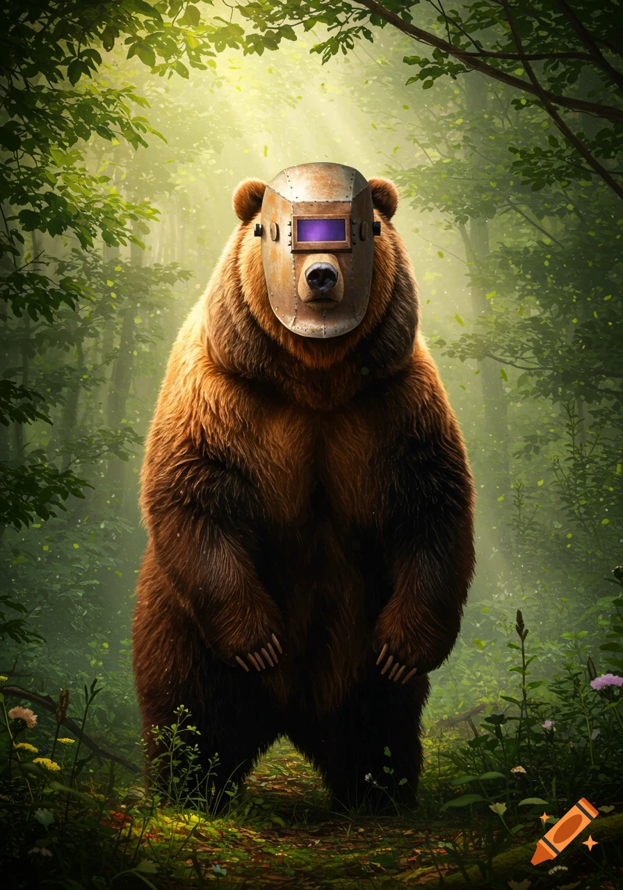 A photorealistic brown bear stands upright in a lush, sun-dappled ...