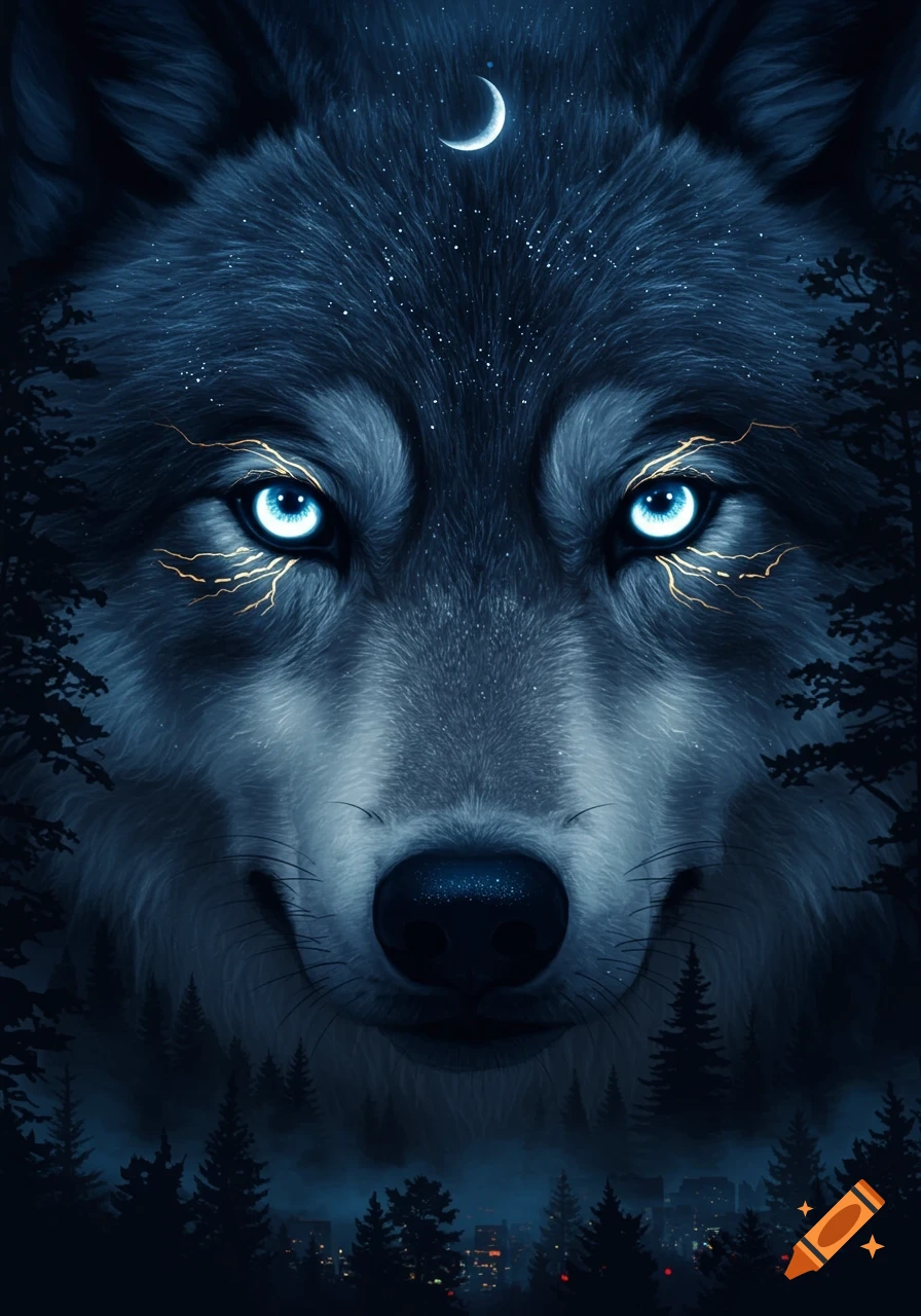 Close-up of a mystical blue-grey wolf face at night, with glowing blue ...