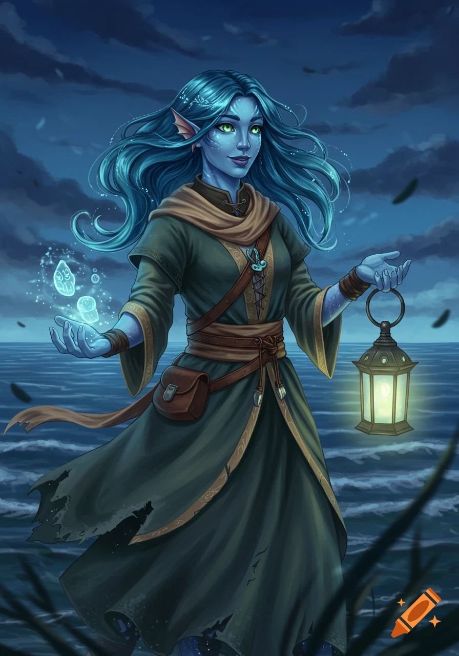 A blue-skinned, blue-haired female Water Genasi cleric in a green robe ...
