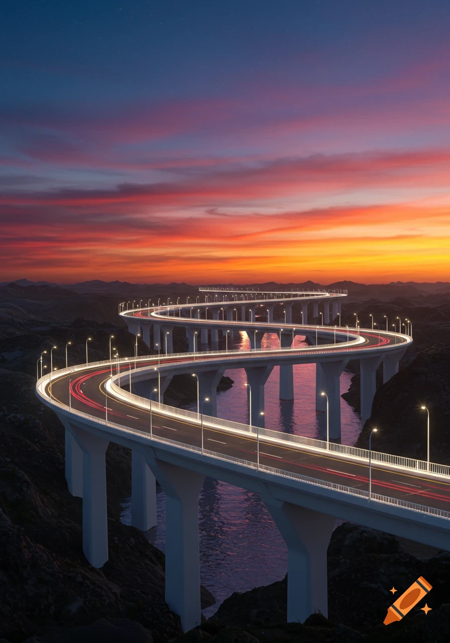 A grand arched bridge spans across a body of water at sunset, with ...