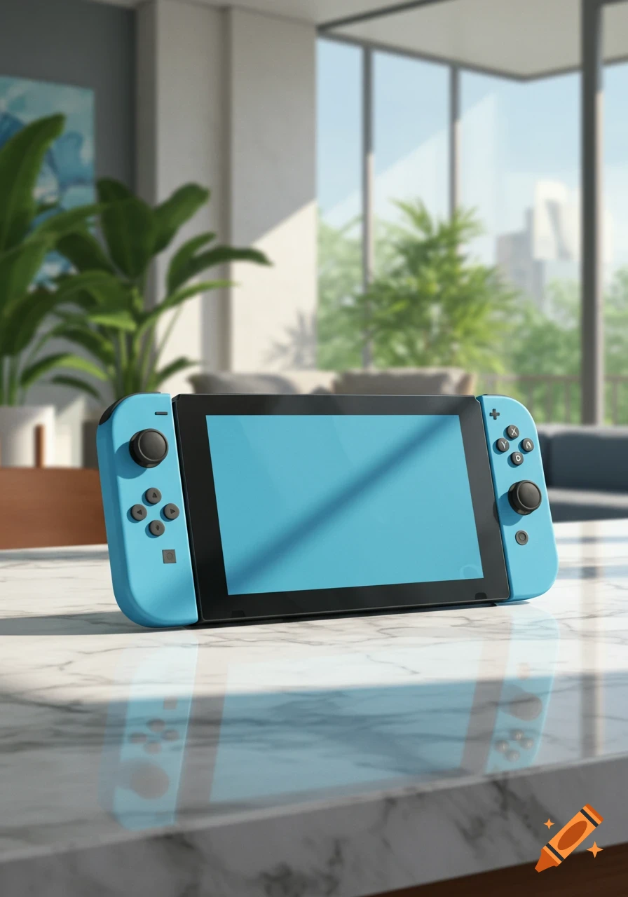 A bright blue Nintendo Switch console sits on a white marble table in a ...