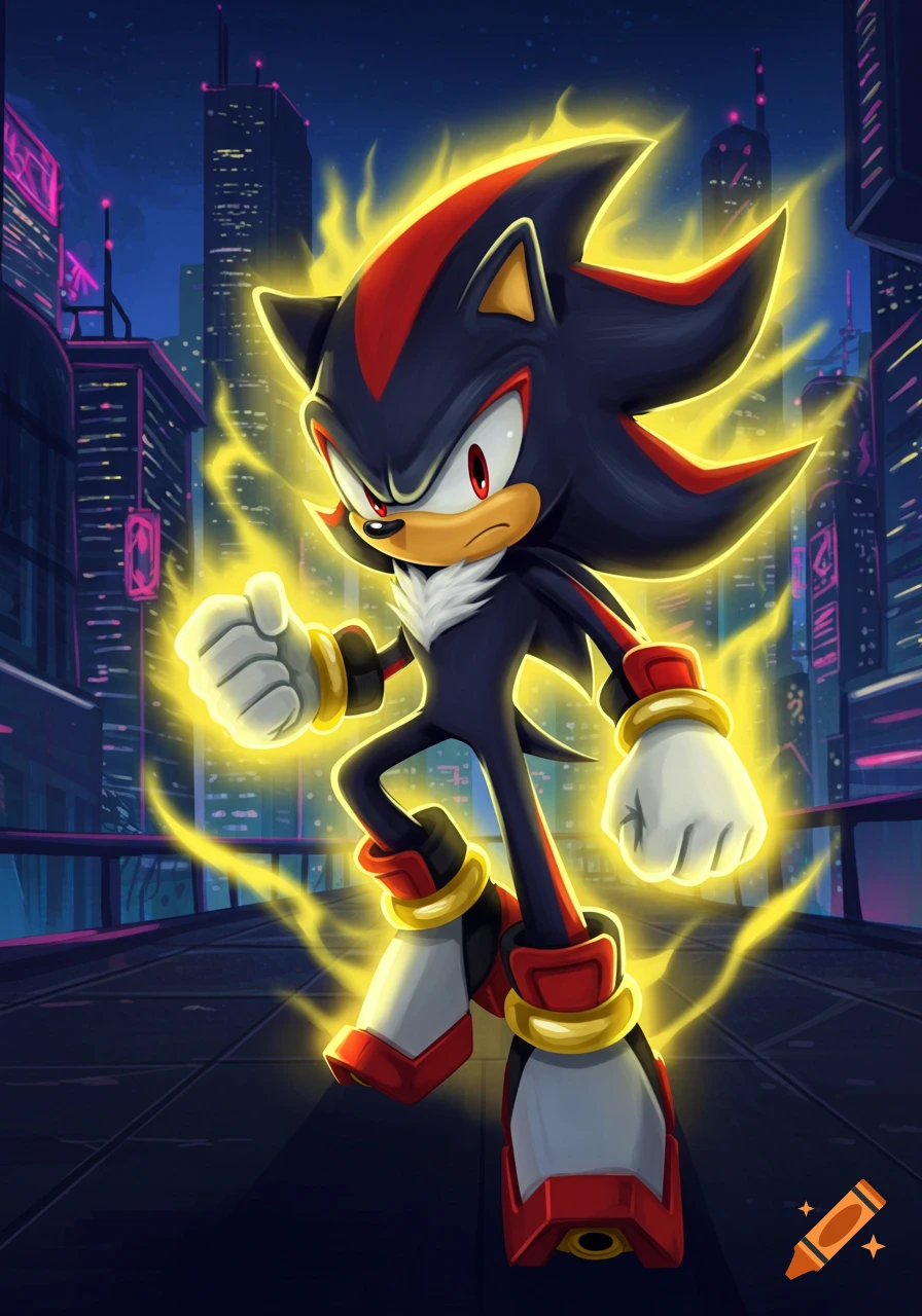 Shadow the Hedgehog, glowing with a bright yellow aura, stands in a ...
