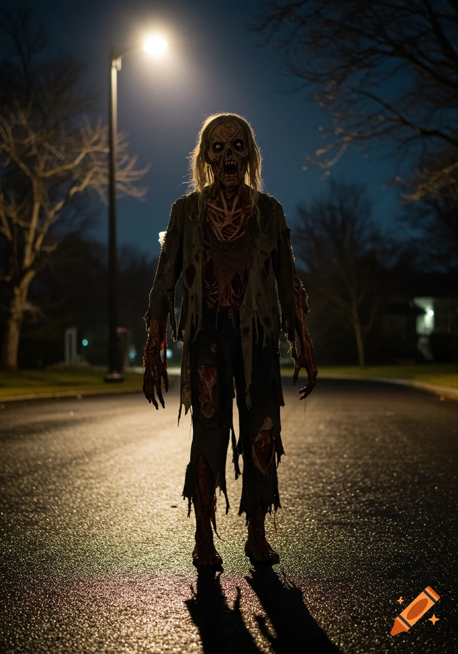 A terrifying zombie with glowing eyes and tattered clothes, standing on ...