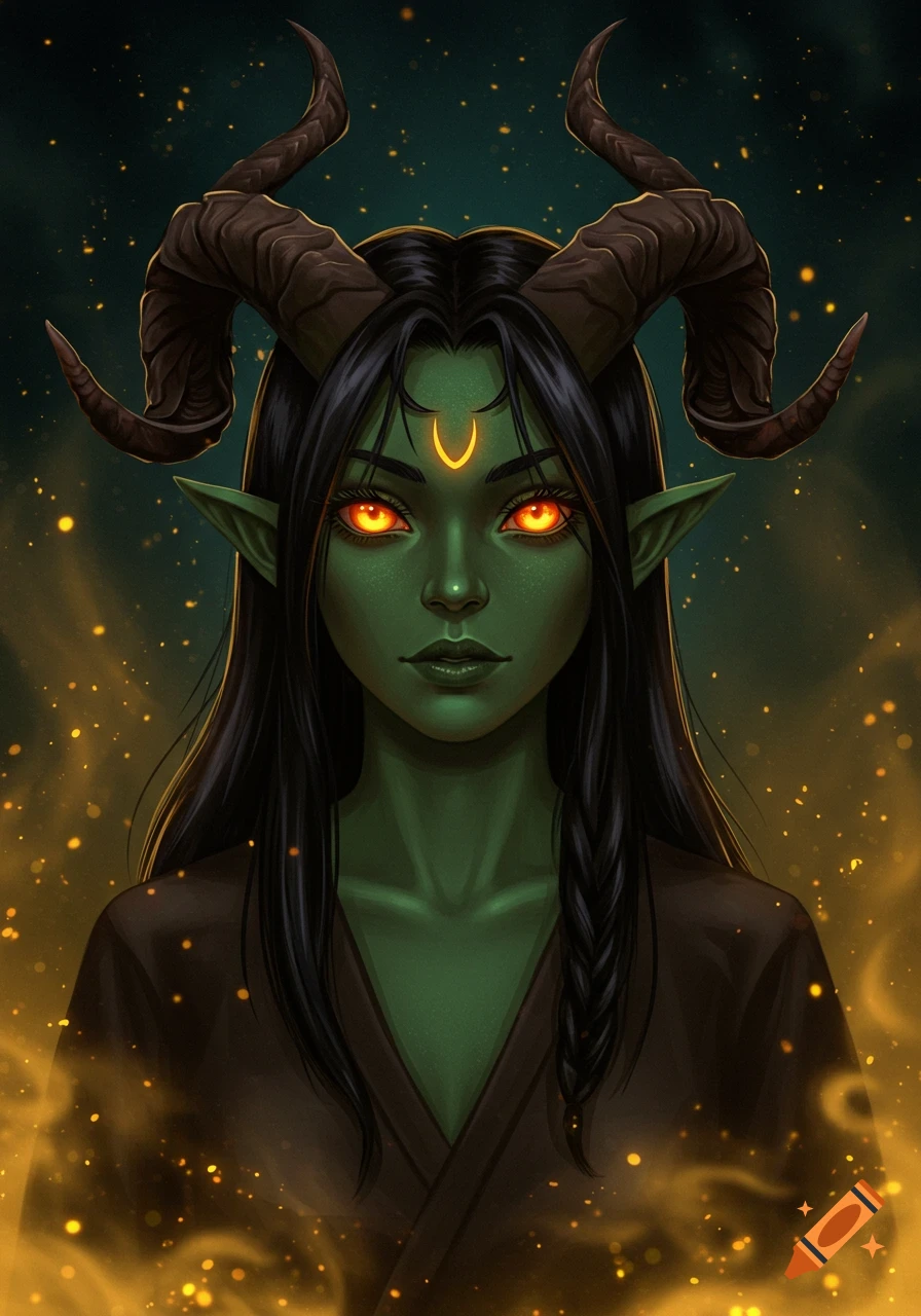 Digital painting of a green-skinned tiefling woman with long black hair ...