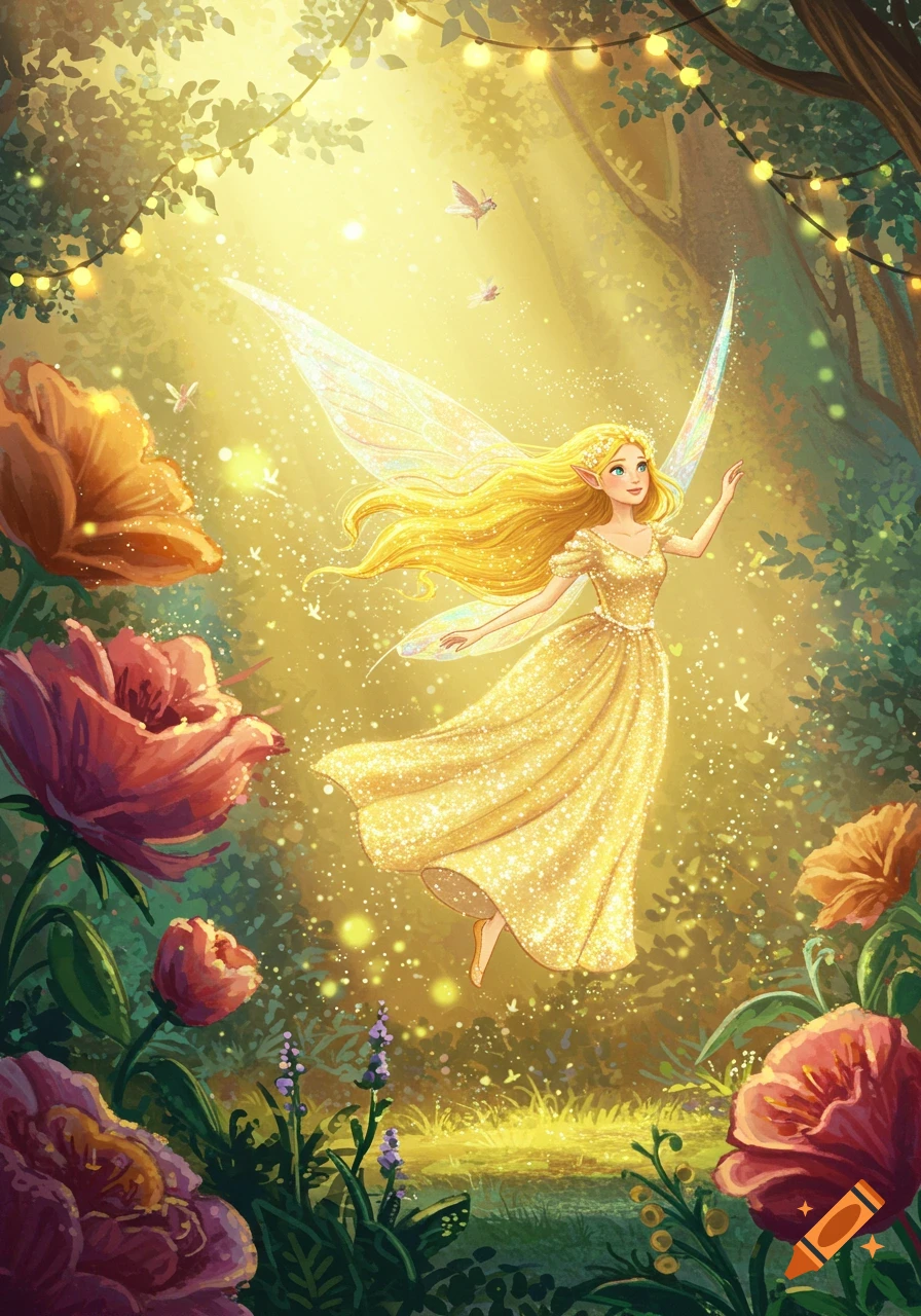 A blonde fairy in a sparkling golden dress and wings floats in an ...