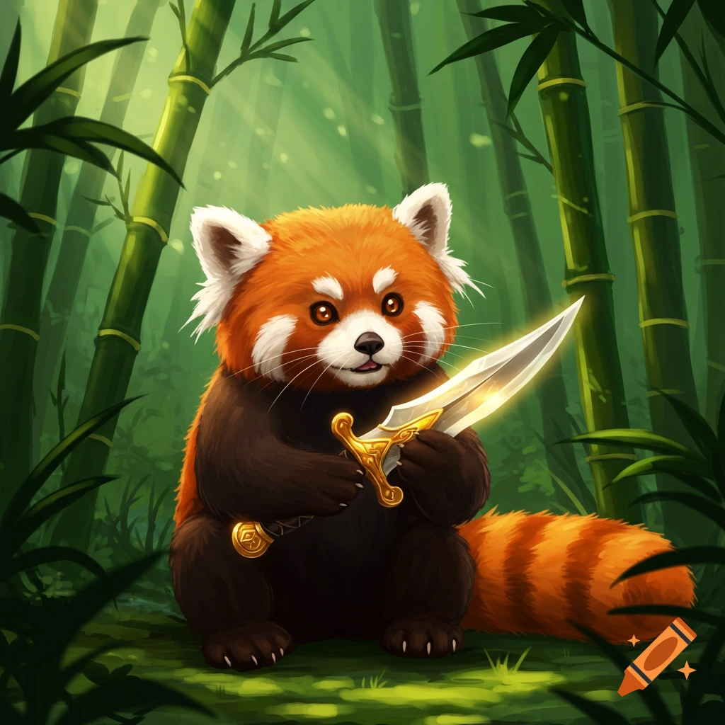 A cute red panda sits in a bamboo forest, holding a glowing gold dagger ...