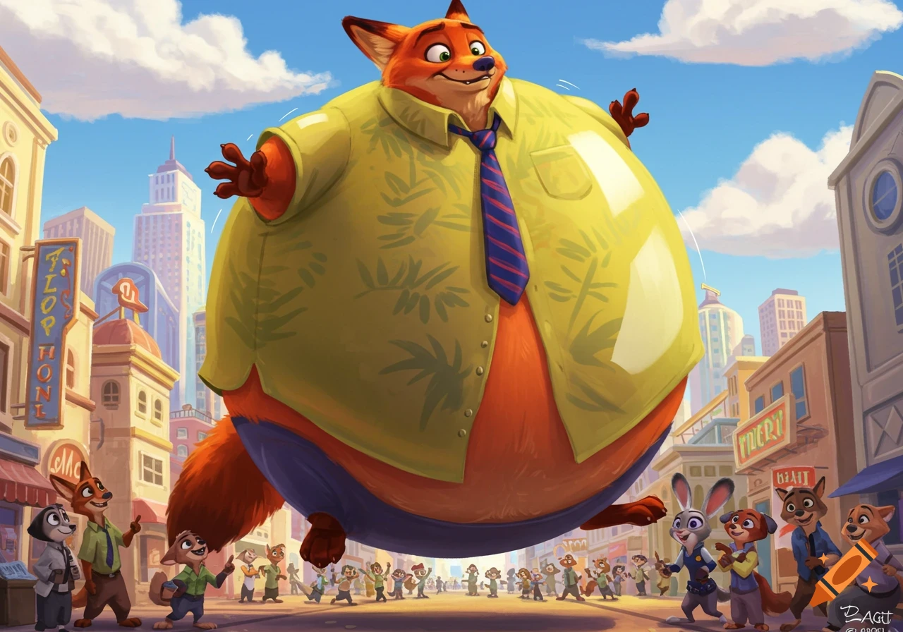 An enormous, inflated Nick Wilde in a yellow shirt floats above a city ...