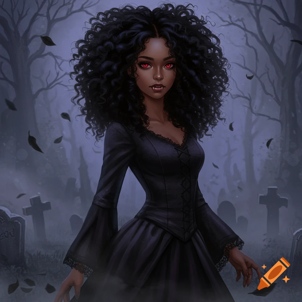 An illustrated female vampire with dark skin, black curly hair, red ...