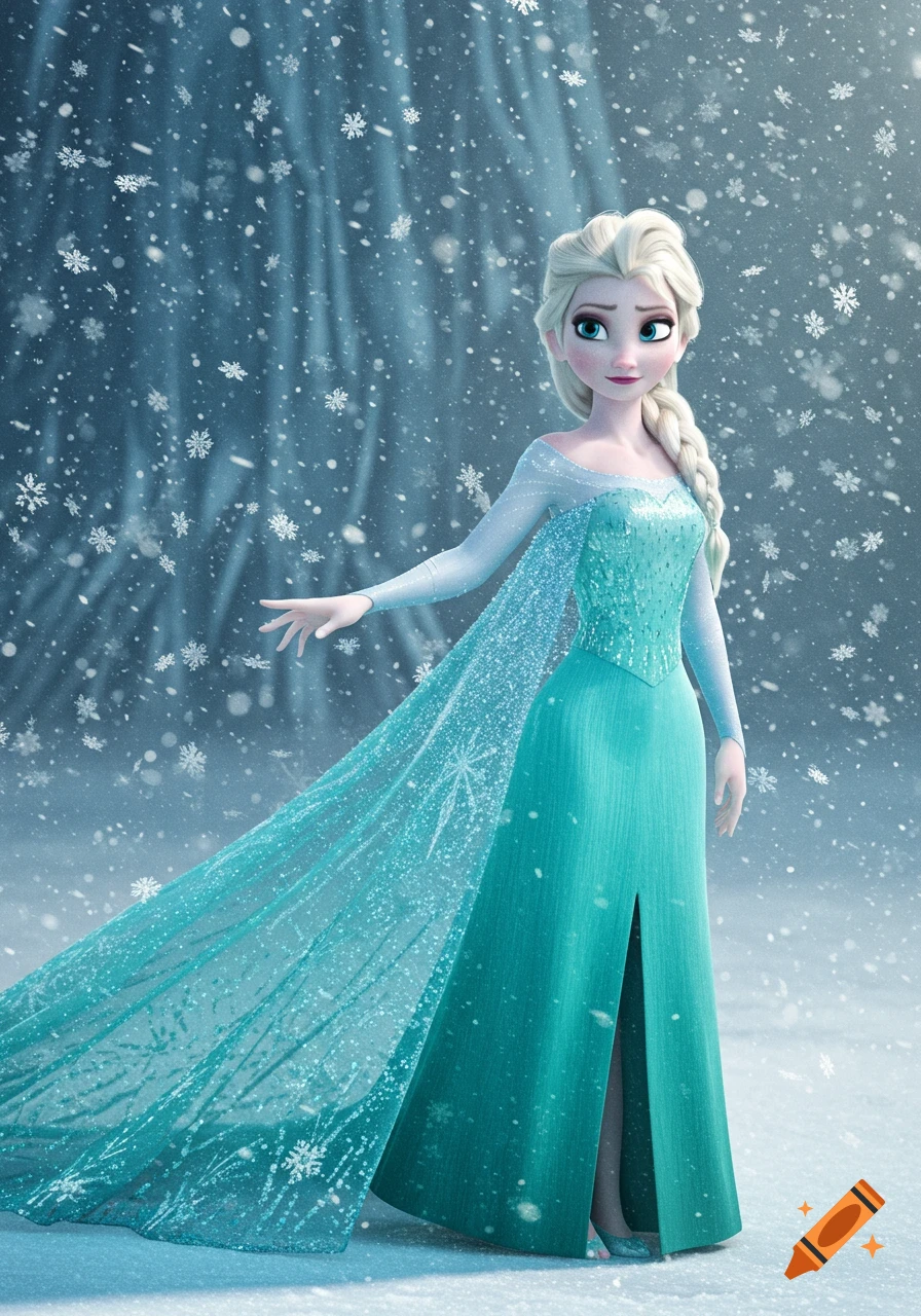 Elsa from Disney's Frozen, in her sparkling blue ice dress, stands in a ...