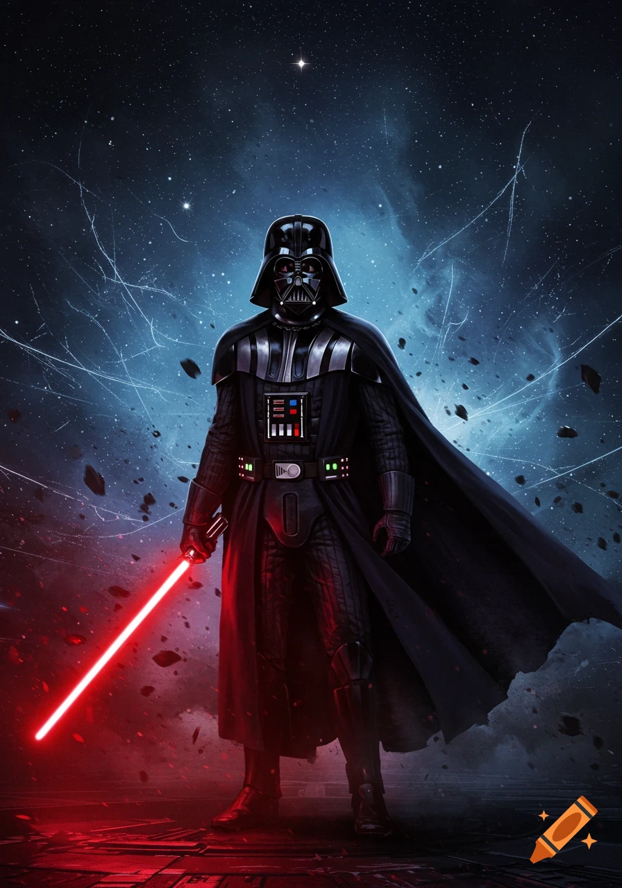 Darth Vader in a black suit with a star-shaped helmet and red ...