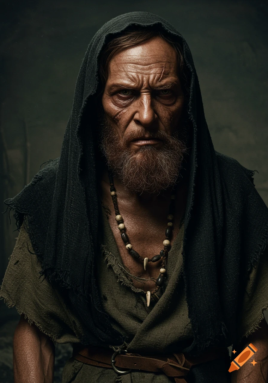 A photorealistic portrait of a stern, hooded man with a scarred face, a ...