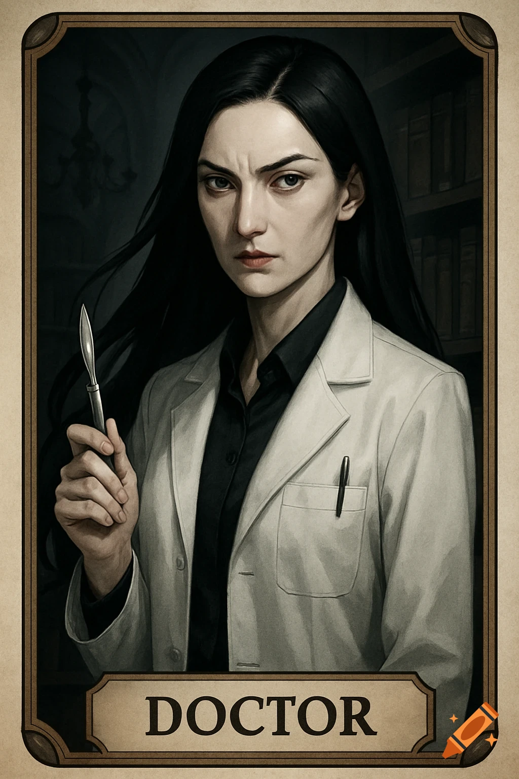 A stylized character card of a serious female doctor with long black ...