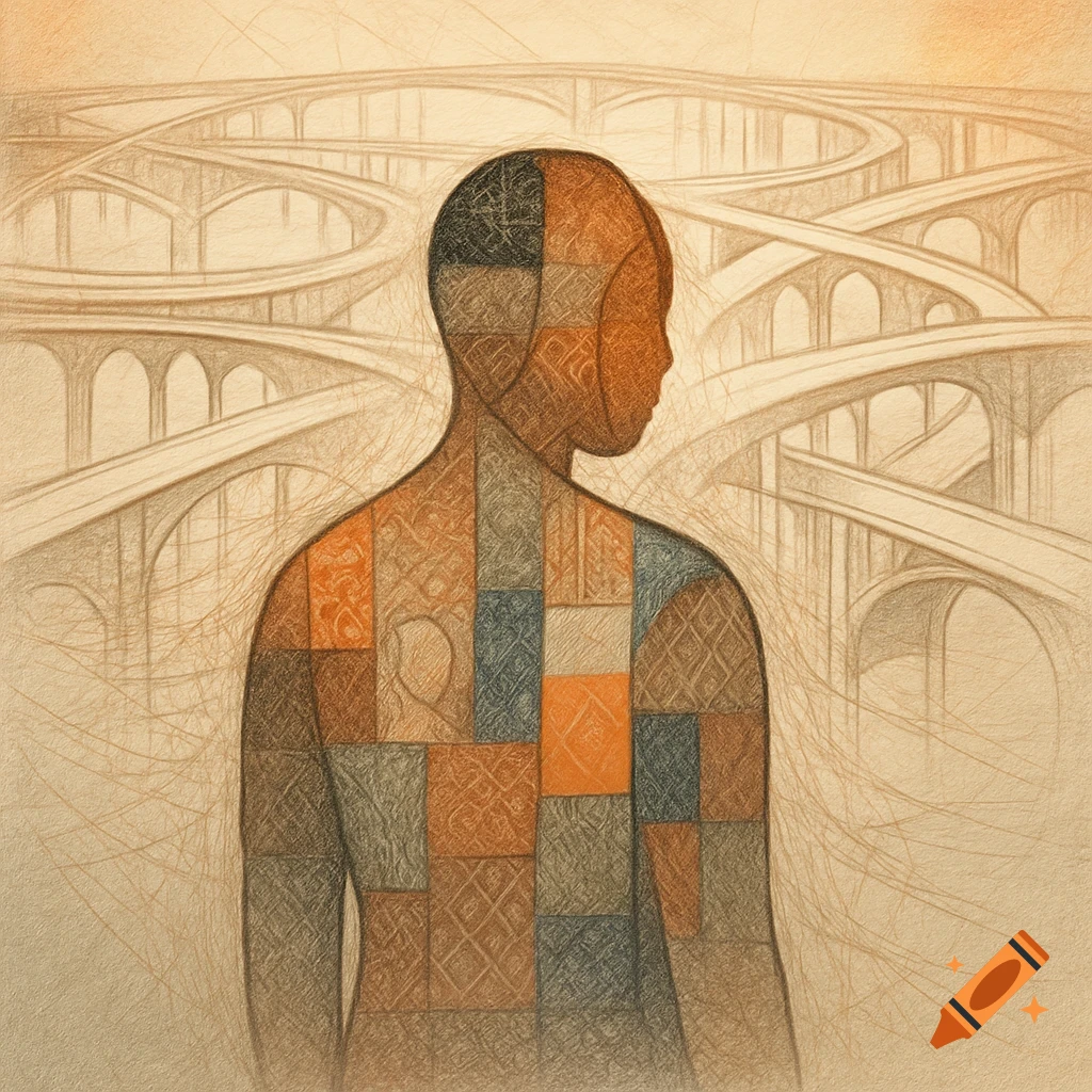 A stylized human figure, composed of patterned square tiles, stands ...