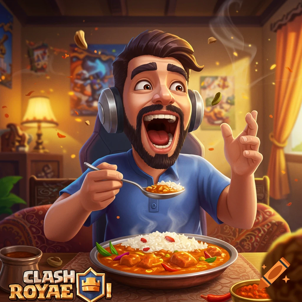 Excited man with a beard and headphones eats a large plate of curry and ...