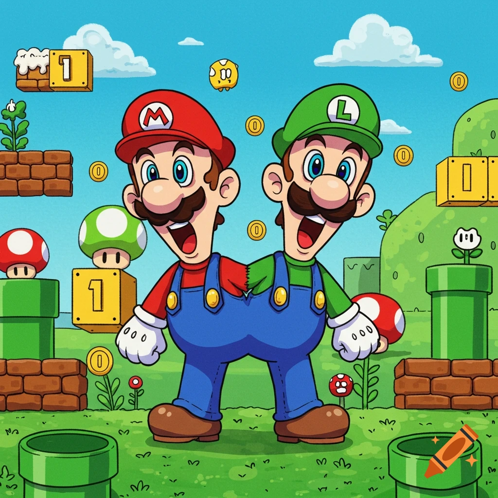 Conjoined Mario and Luigi in a bright Super Mario Bros. video game ...