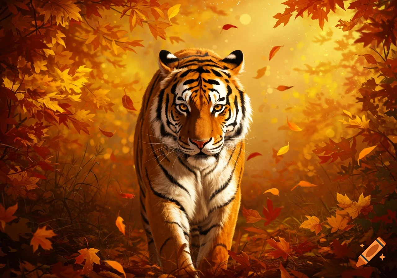 A majestic tiger walks through a vibrant autumn forest with orange and ...
