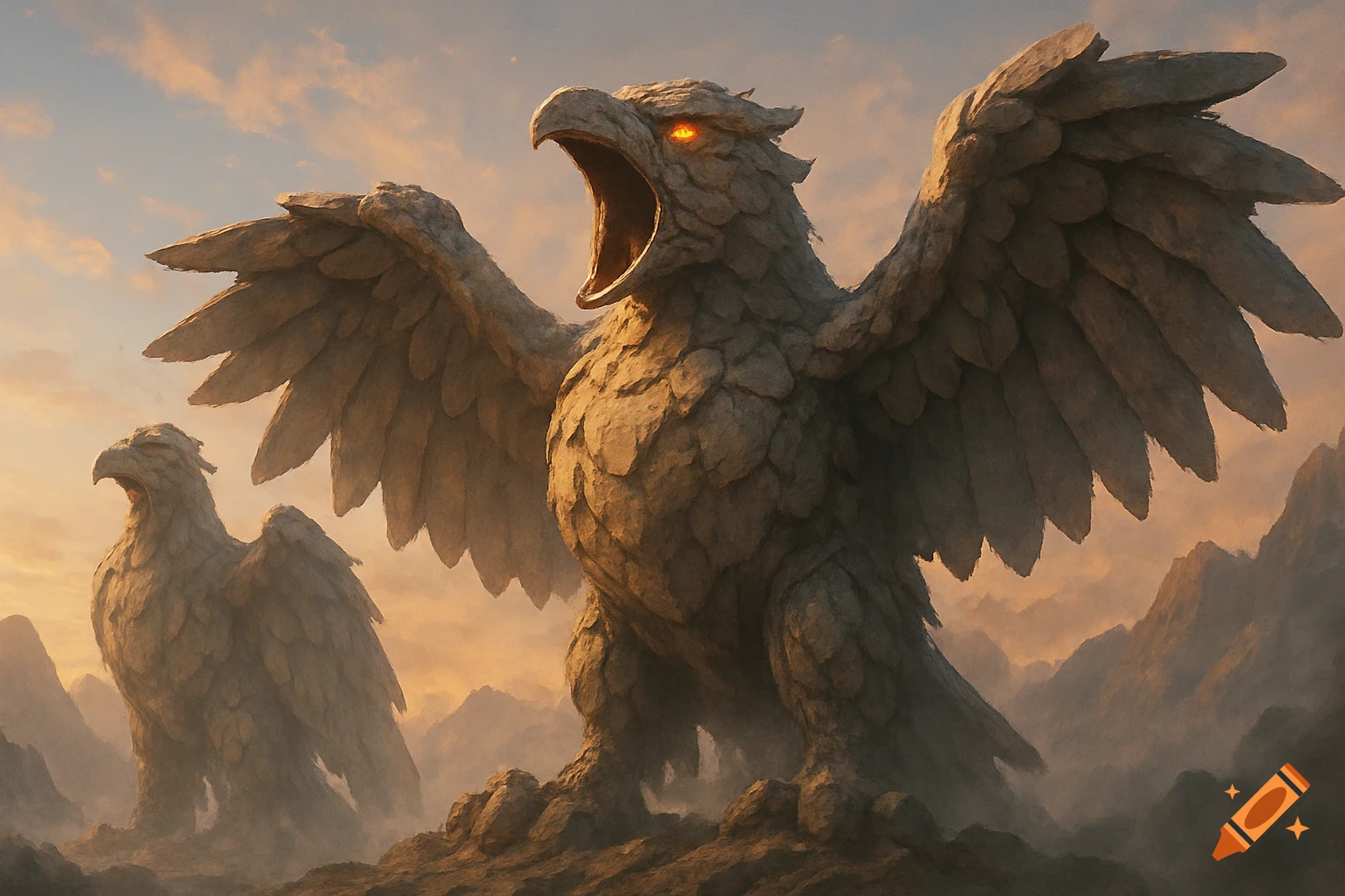 Round, artistic logo of a brown eagle and black raven with talons ...