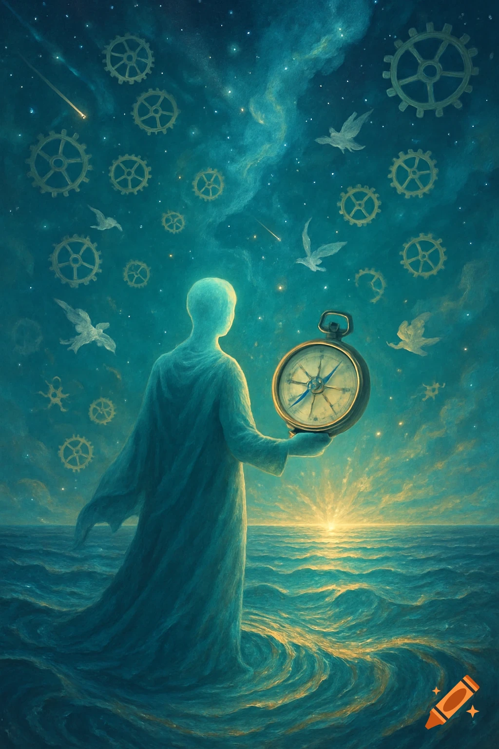 A robed figure walks through a surreal, painterly landscape with ...