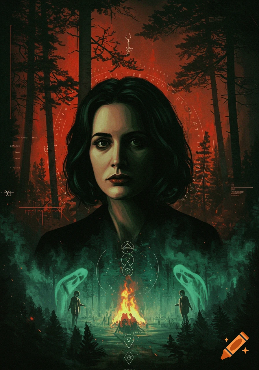 A dark, stylized portrait of a mysterious woman in a forest with a red ...