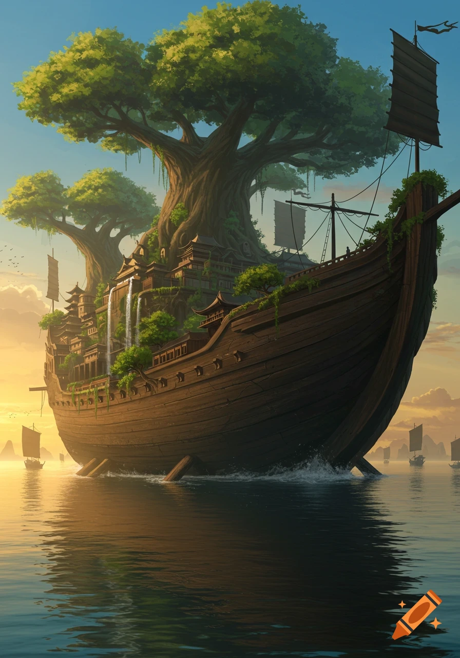 Steampunk sailing vessel with a snake figurehead and wooden houses on ...