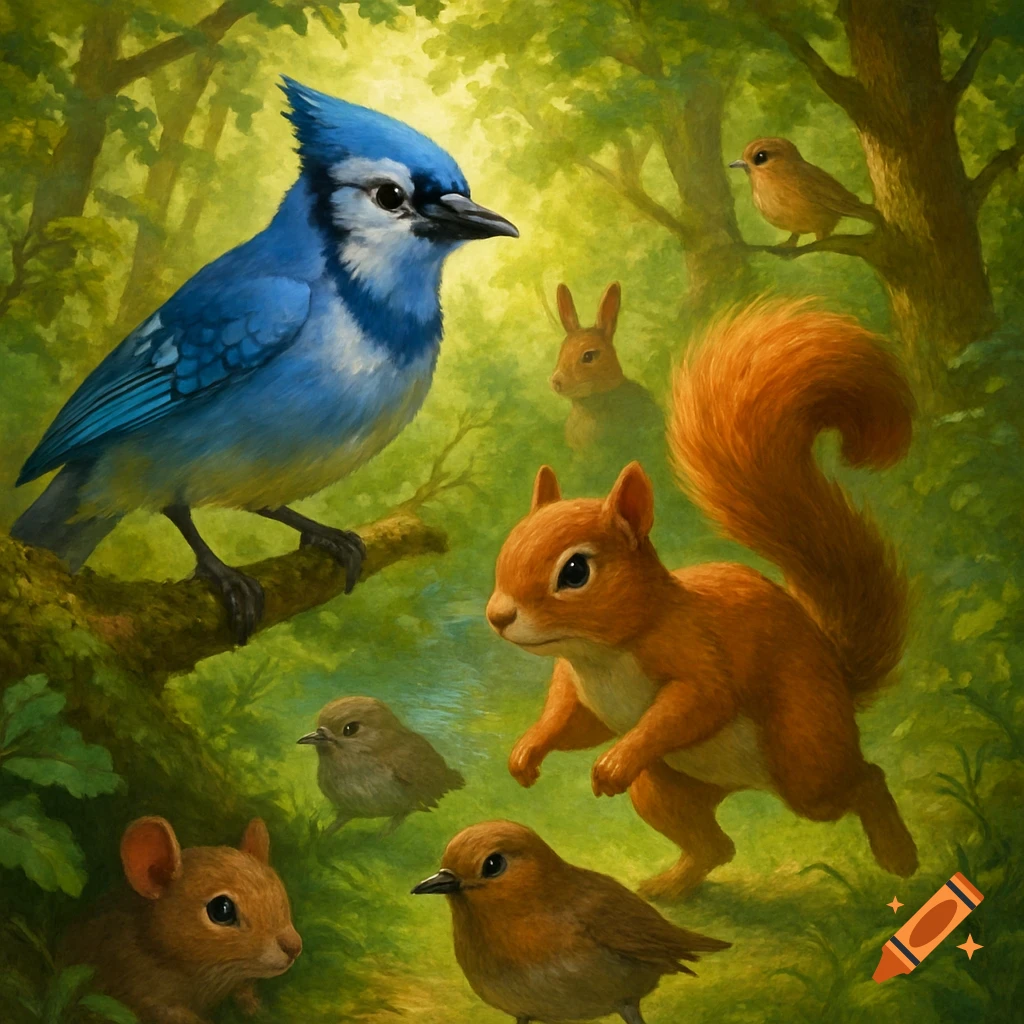 A detailed painterly illustration of a blue jay on a branch, a squirrel ...